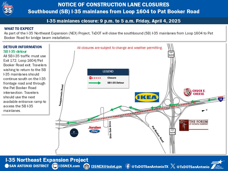 I-35 NEX Project Closure | Night Closure - Southbound I-35 mainlanes ...