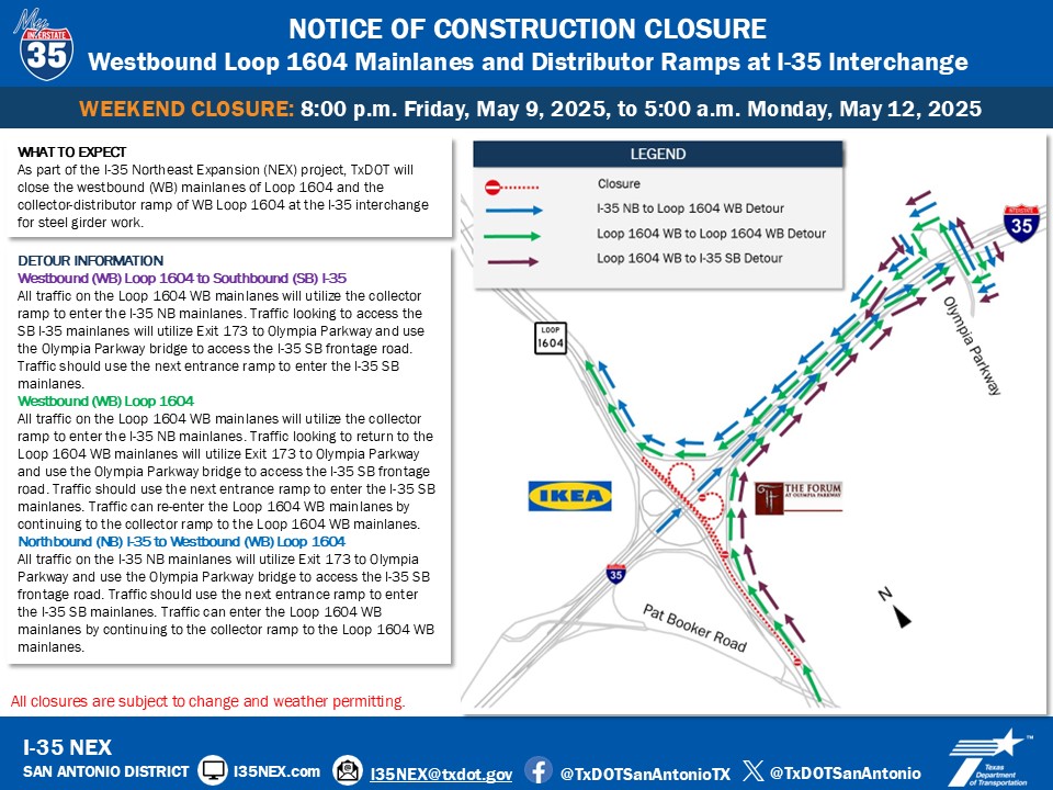 I-35 NEX Project Closure | Weekend Closure - Westbound Loop 1604 ...