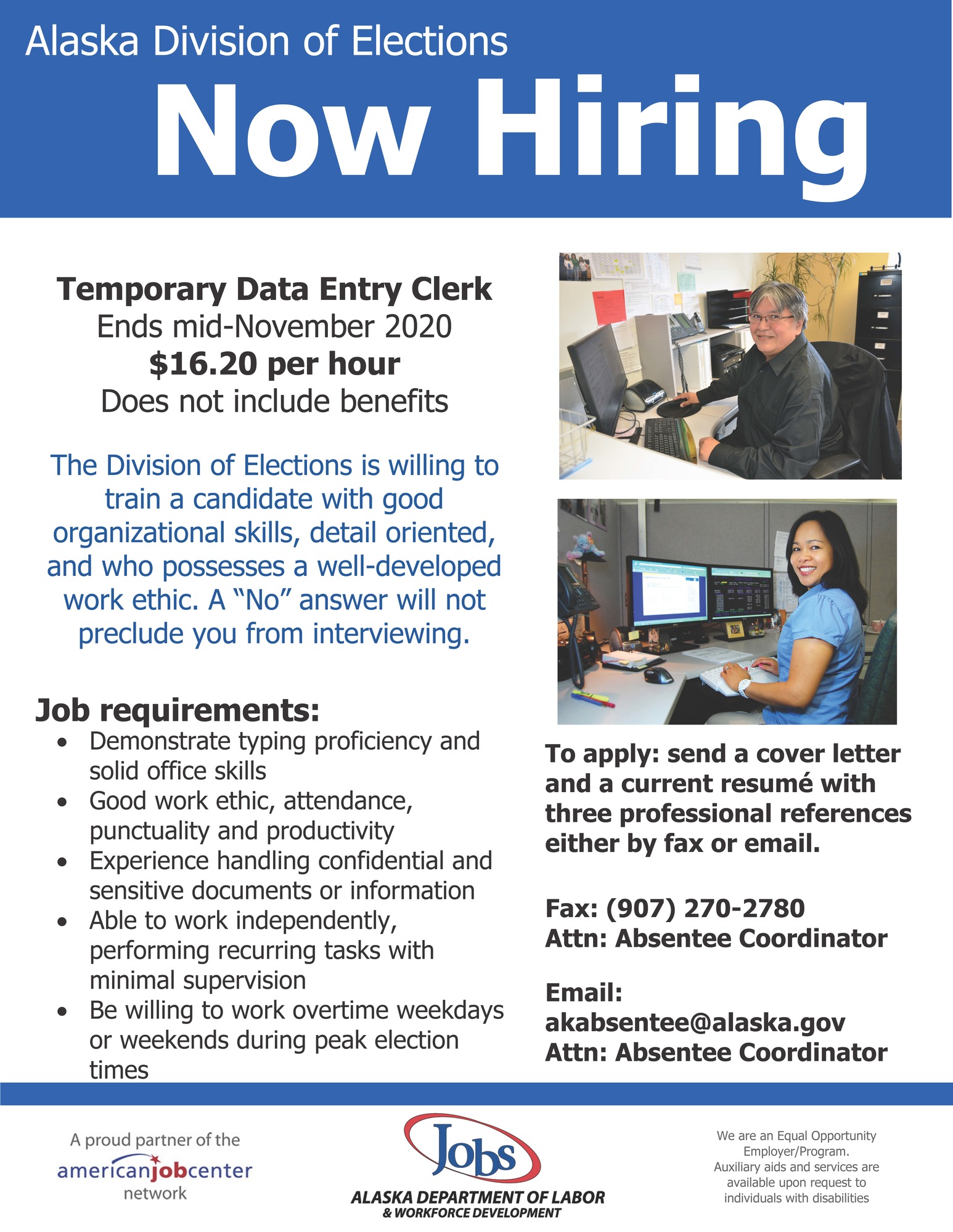 Alaska Division of Elections Now Hiring Temporary Data Entry Clerk!