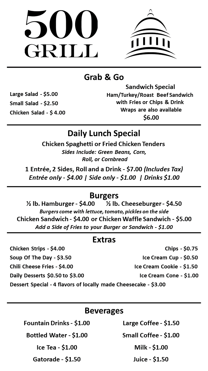 Monday's Menu from 500 Grill