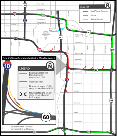 Westbound Interstate 10 to close between US 60 and 32nd Street | June 2-5