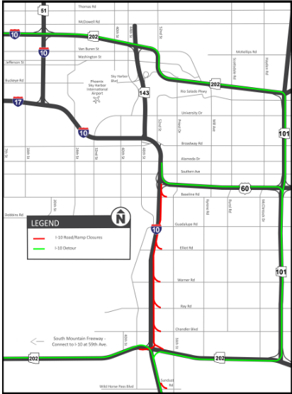 Westbound Interstate 10 to close between Loop 202 (Santan/South ...