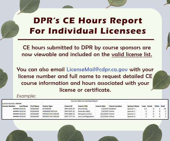 DPR’s CE Hours Report For Individual Licensees