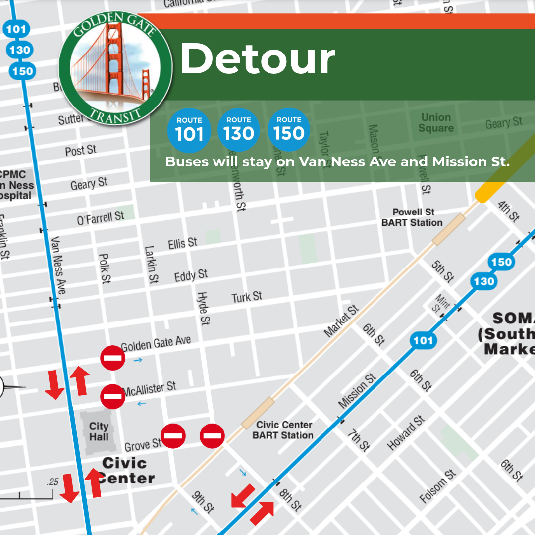 Rider Alert 6/14 GGTransit Routes 101/130/150 on Detour