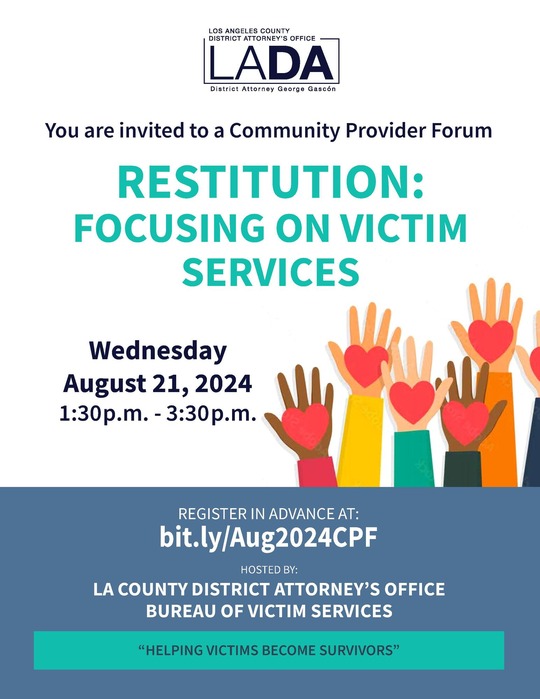 Join us! “Restitution: Focusing on Victim Services," August 21, 1:30pm