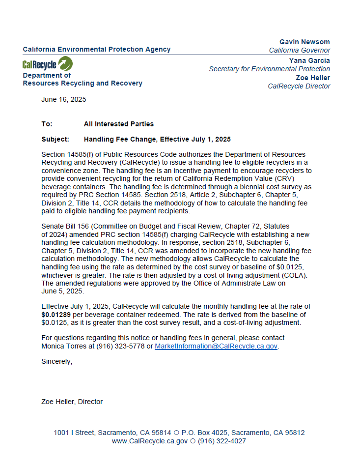 Handling Fee Change Effective July 1, 2025