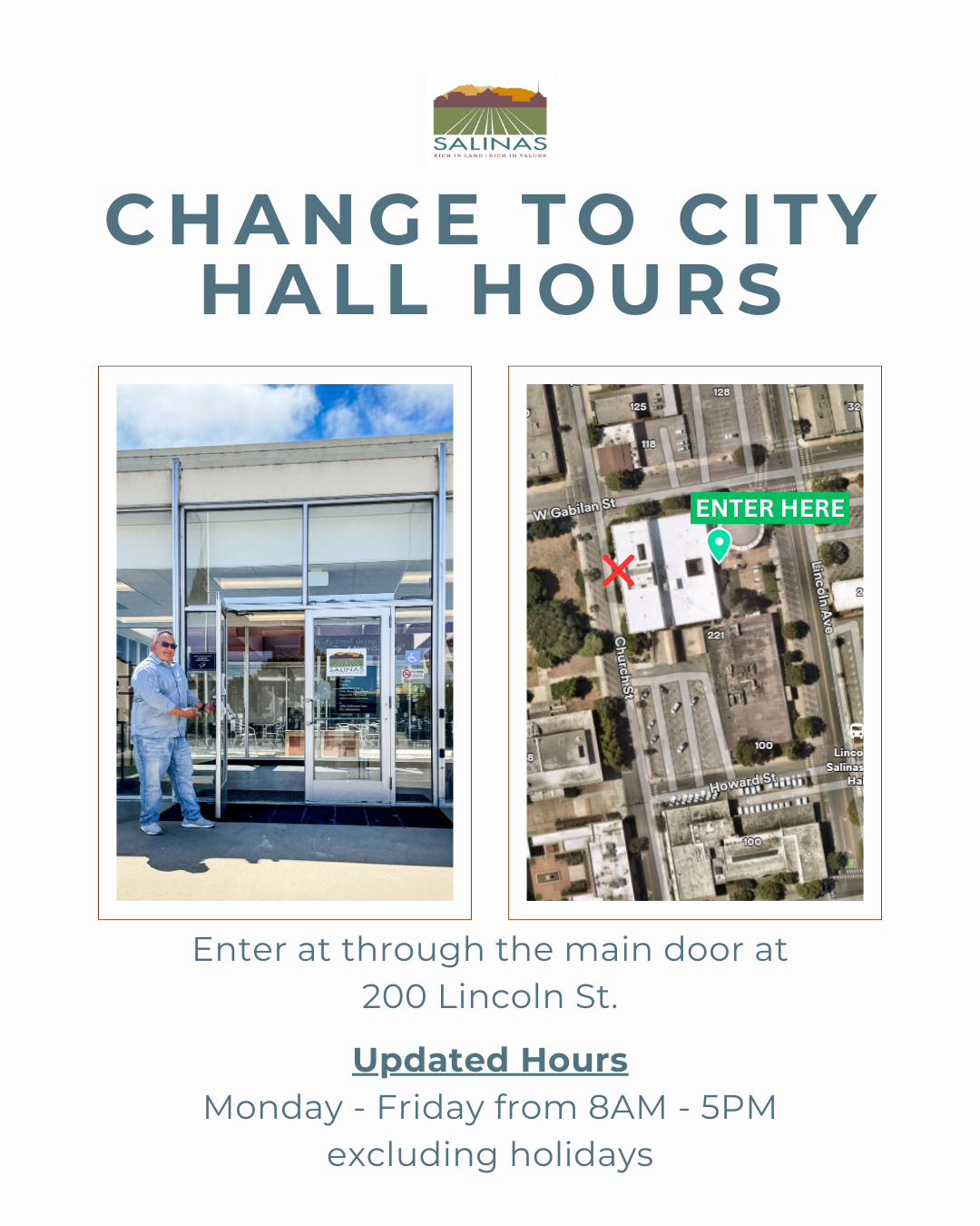 Updated Hours to City Hall / Horario actualizado del Ayuntamiento