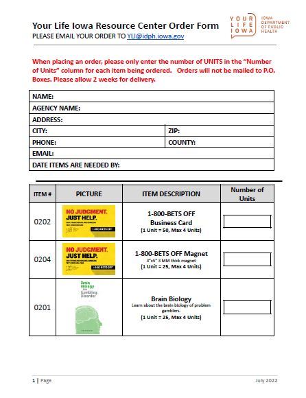 Newly updated order Form for the new Your Life Iowa Resource Center