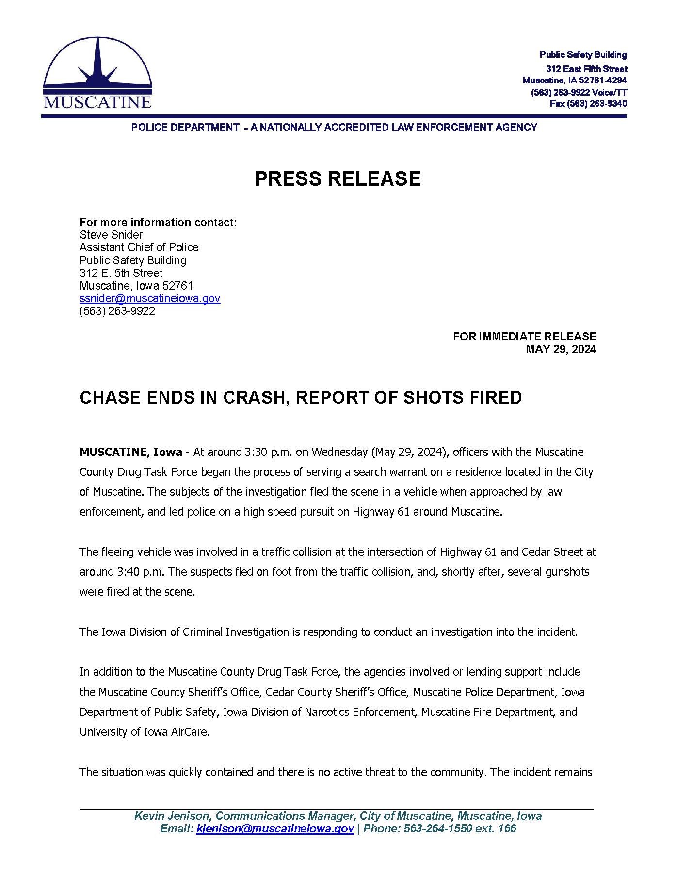 Press Release from the Iowa Department of Public Safety
