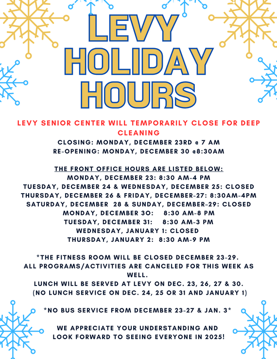 Levy e-News:New Staff, 2025 Memberships, Holiday Hours, and more!