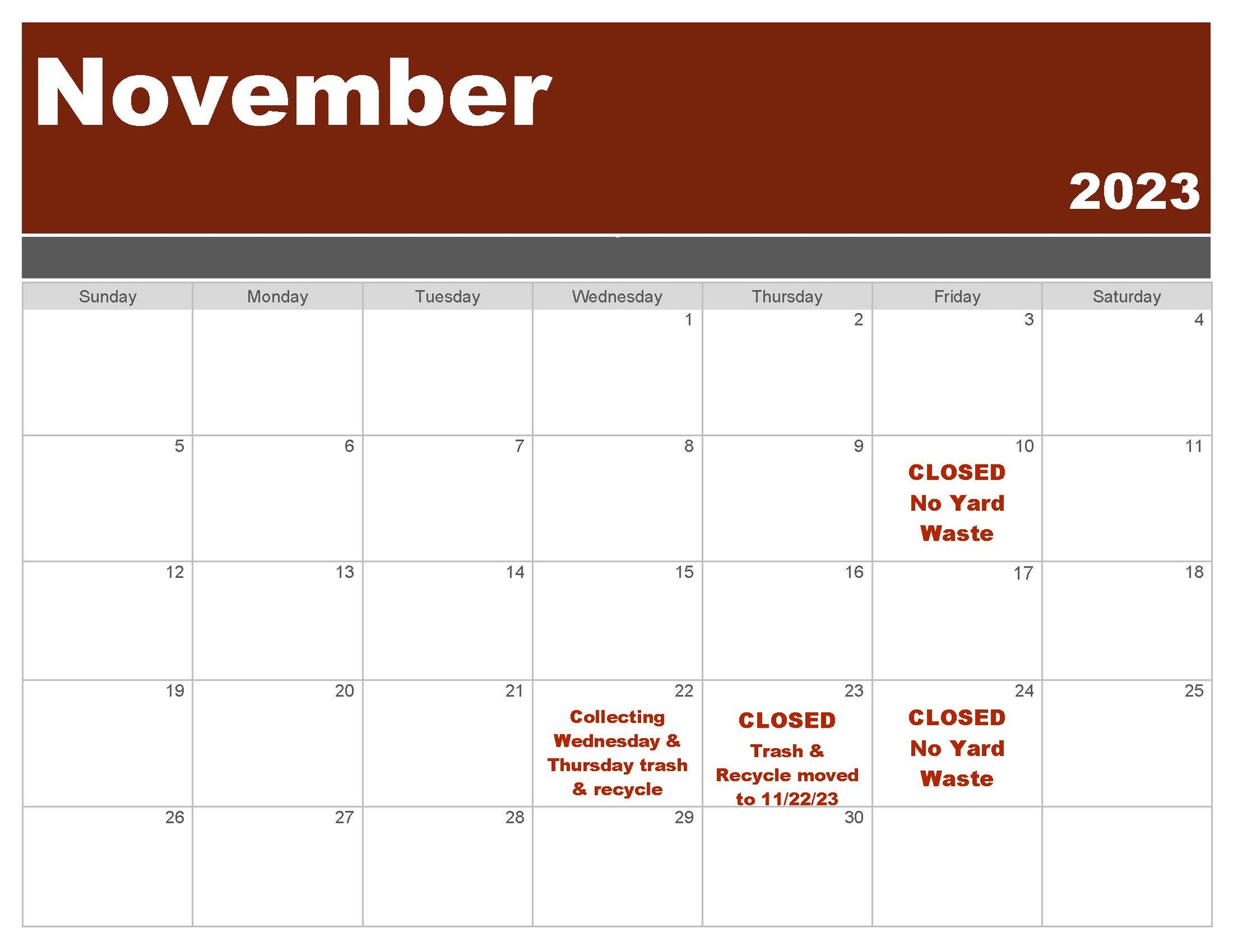 November & December Sanitation Schedules