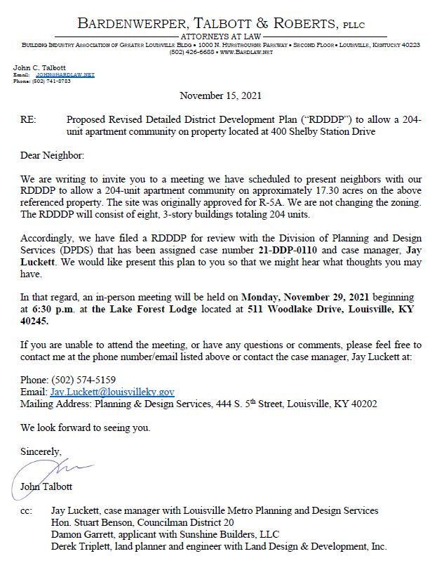 Neighborhood Meeting Notice for proposed development at 400 Shelby ...