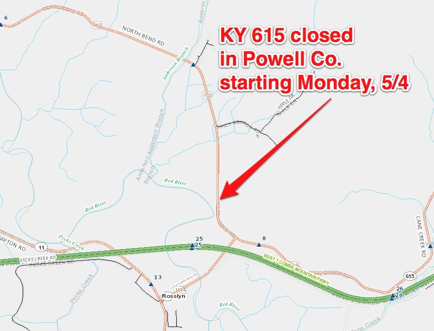 NEWS RELEASE: KY 615 in Powell County to be closed beginning Monday, May 4