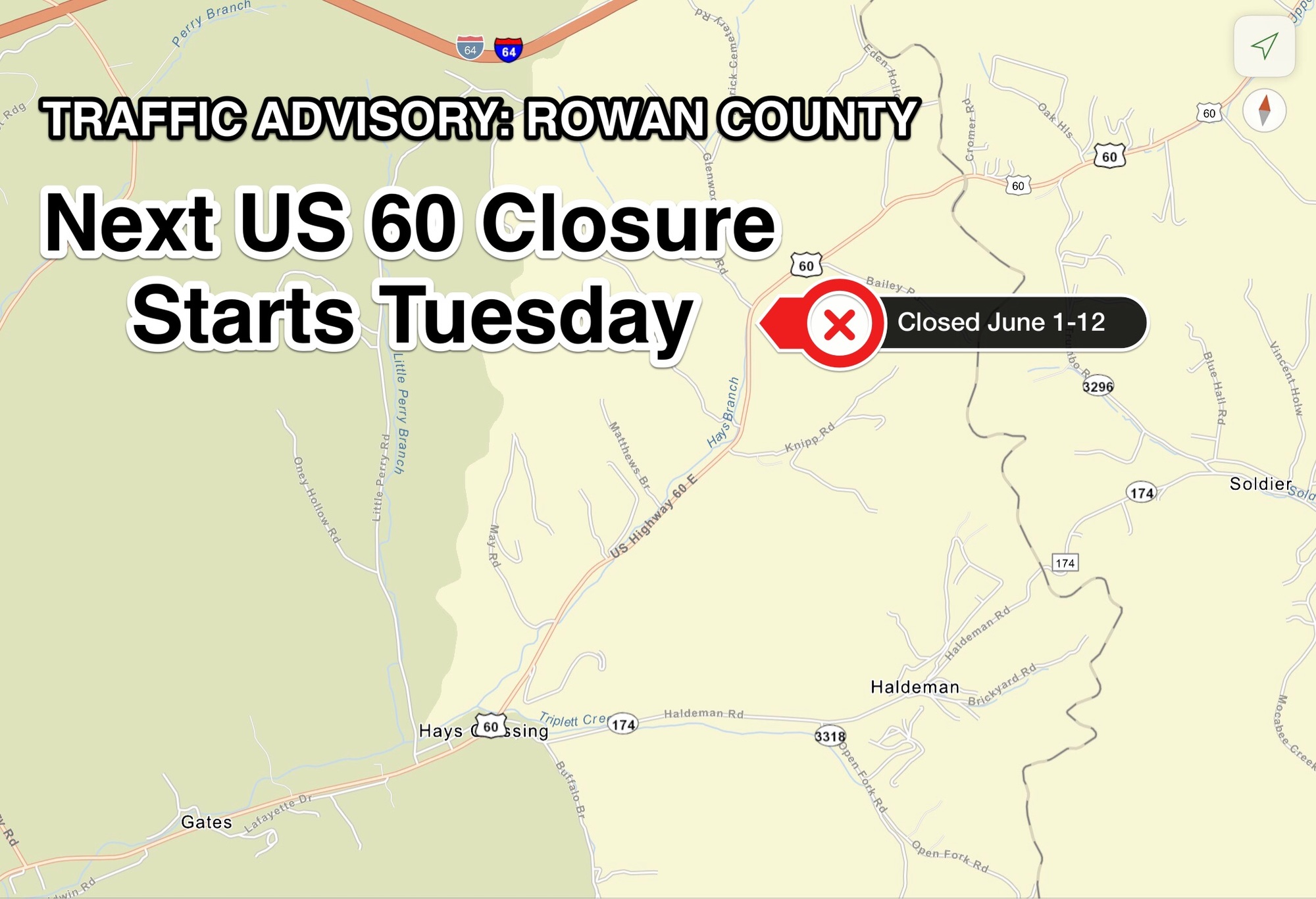Next US 60 Road Closure in Rowan County Scheduled for June 1-12