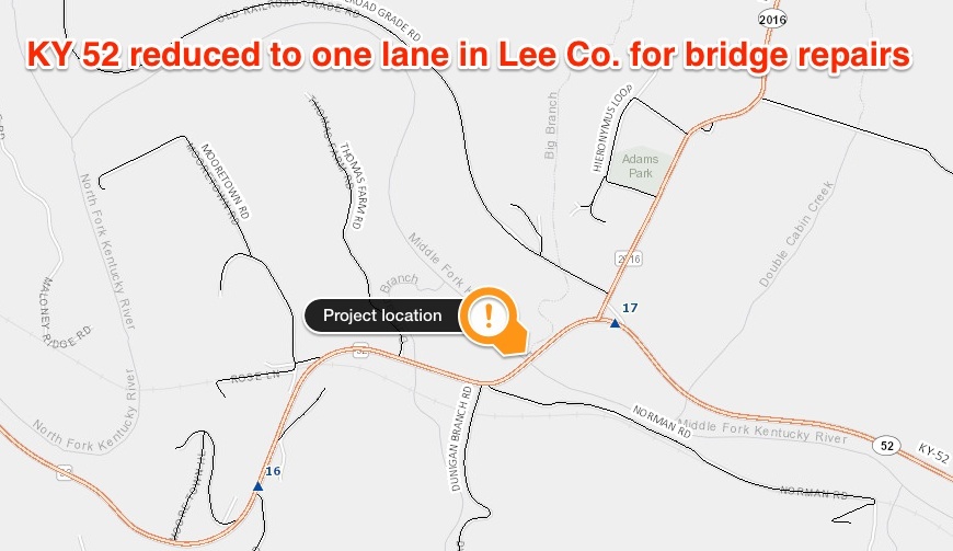 KY 52 in Lee County reduced to one lane for bridge repair project