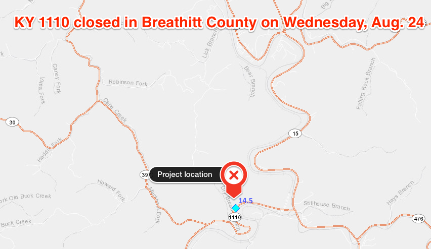 Emergency closure of KY 1110 in Breathitt County on Wednesday, Aug. 24