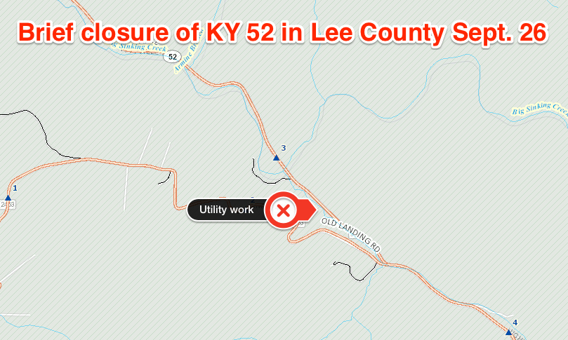 Brief closure of KY 52 in Lee County scheduled for Monday, Sept. 26