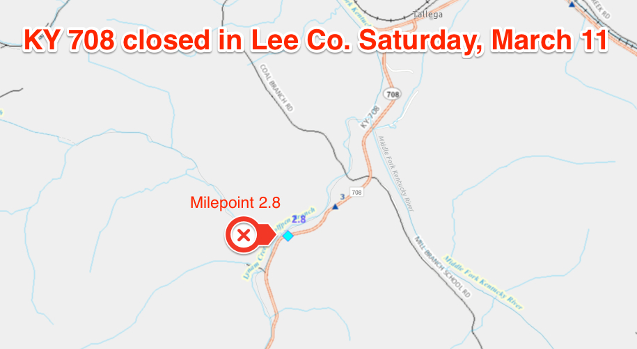 KY 708 in Lee County to be closed Saturday, March 11