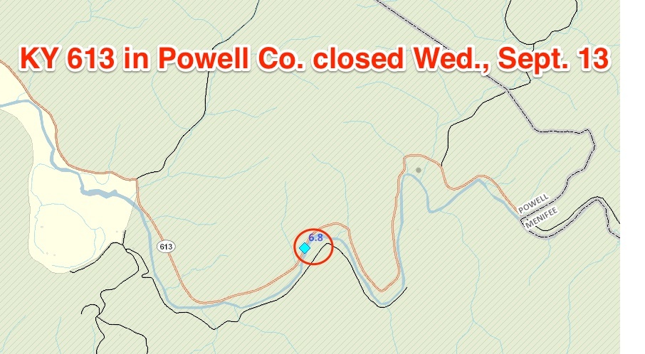 CORRECTED DATE: KY 613 in Powell County to be closed Wednesday, Sept. 13