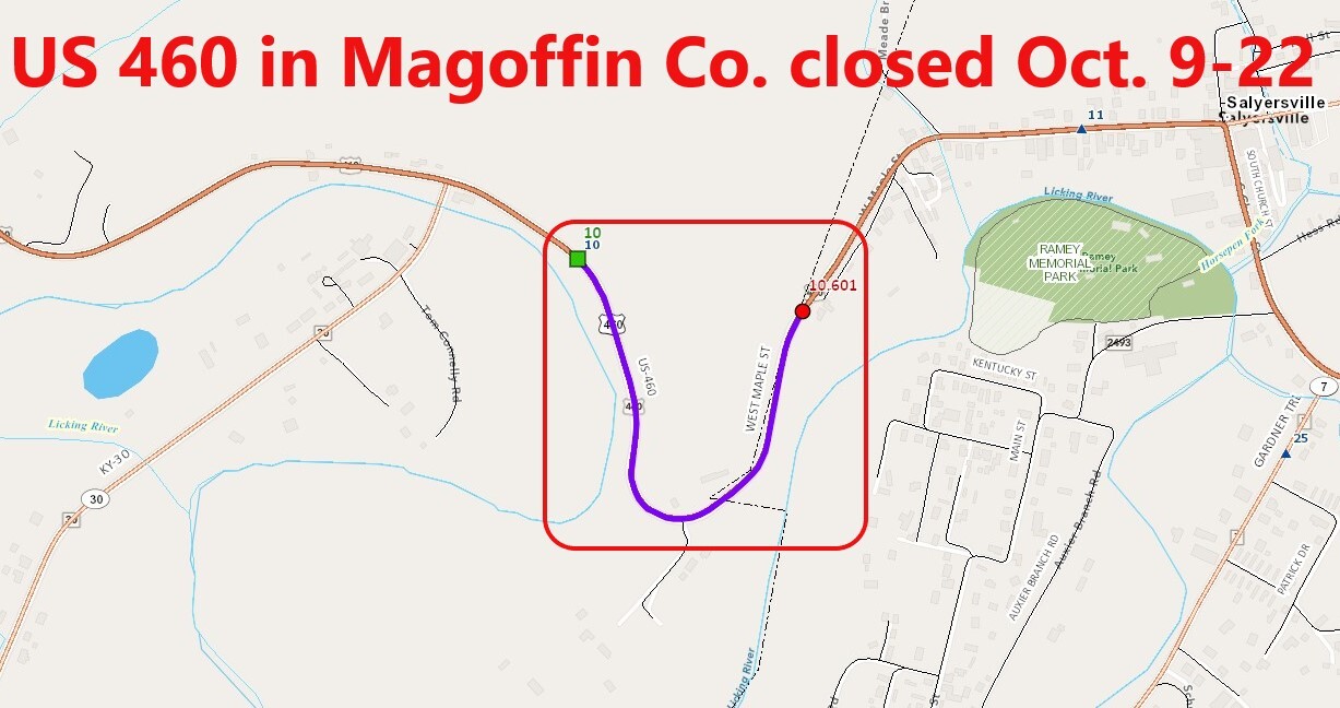 US 460 in Magoffin County to be closed Oct. 9-22