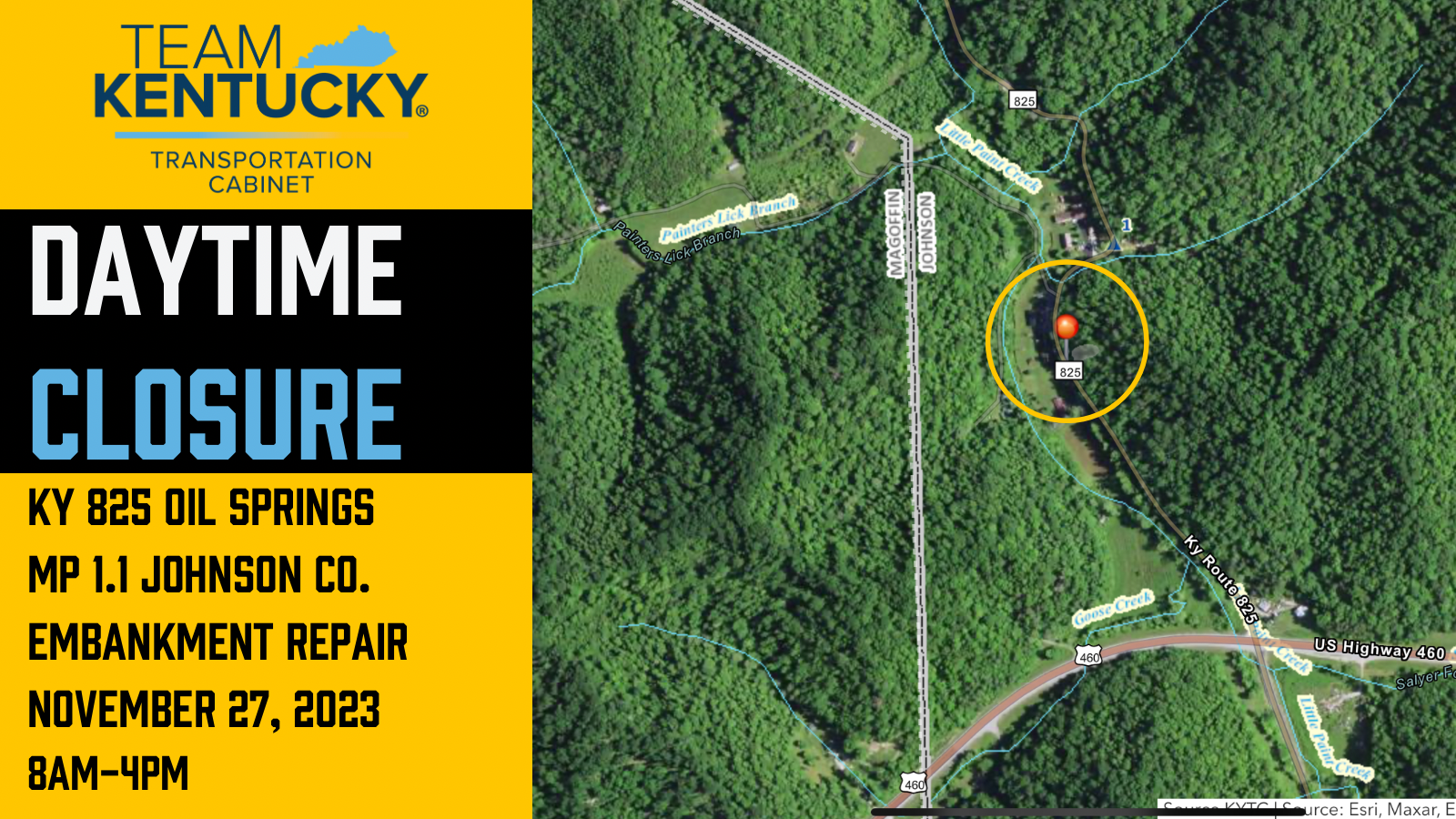 Daytime Closure for KY 825 Oil Springs in Johnson County