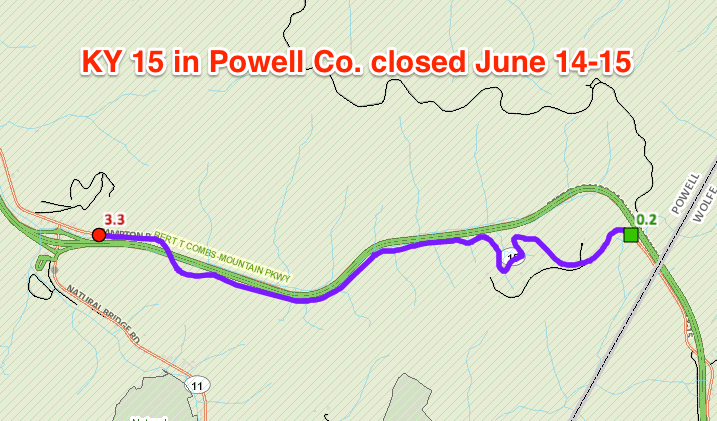 Daytime closures set for KY 15 in Powell County June 14-15