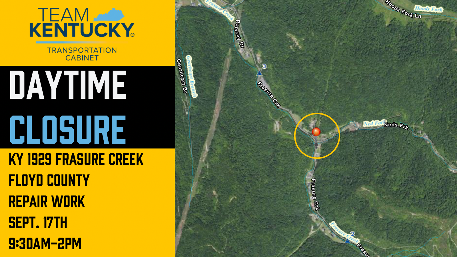 Daytime Closure Scheduled for KY 1929 Frasure Creek in Floyd County