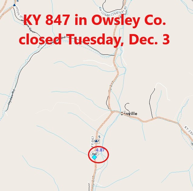 KY 847 in Owsley County to be closed Tuesday, Dec. 3