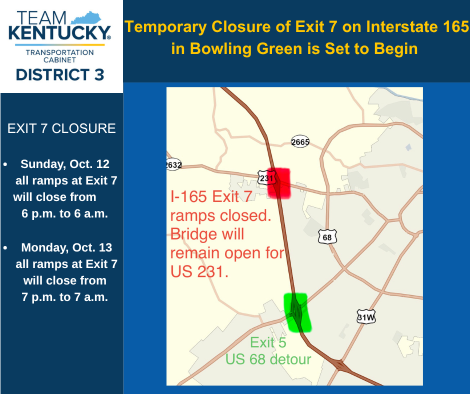 Temporary Closure of Exit 7 U.S. 231 on Interstate 165 in Bowling Green ...