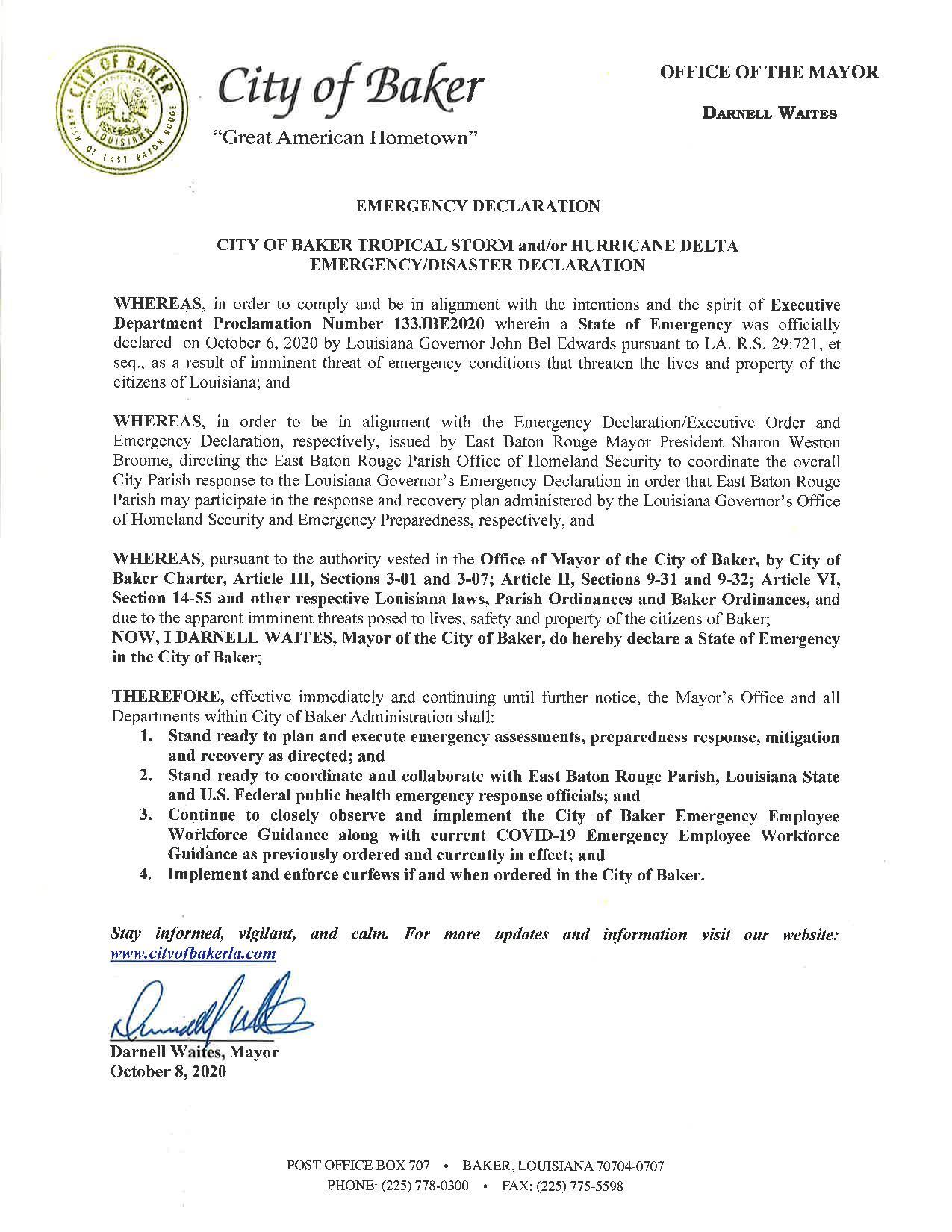 ***For Immediate Release: Emergency Declaration City of Baker Tropical ...