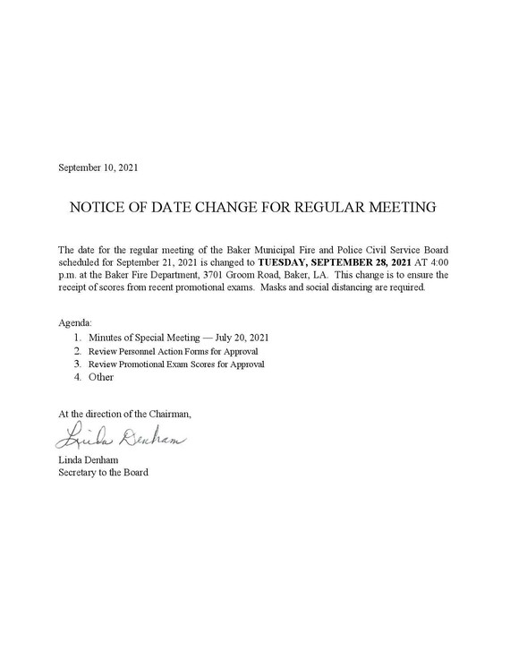 Notice of Date Change for the Municipal Fire & Police Civil Service Meeting