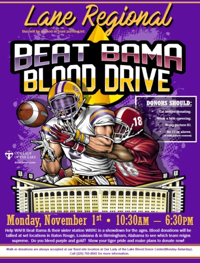 Lane Regional Beat Bama Blood Drive, Monday, November 1, 2021, from 10: ...