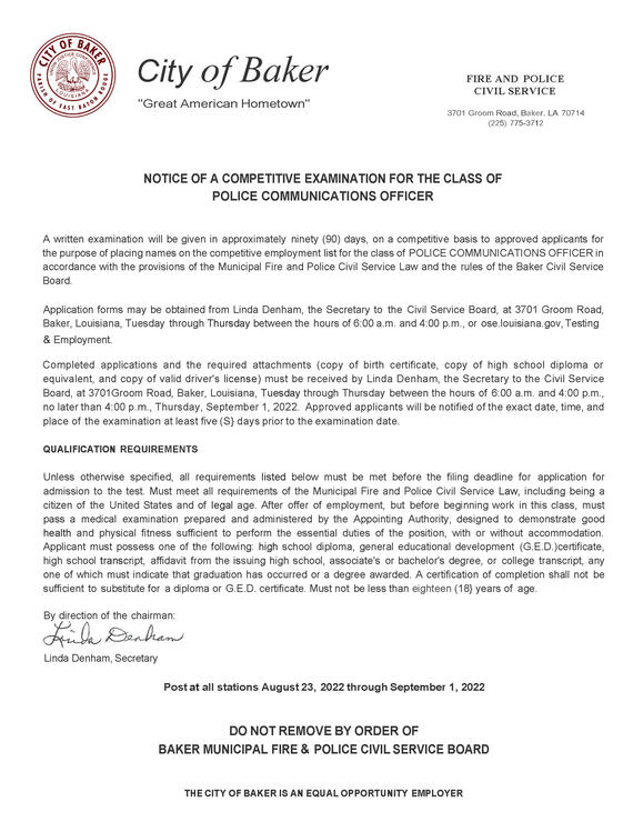 Baker Fire & Police Civil Service Board Hosting Exam for Police ...