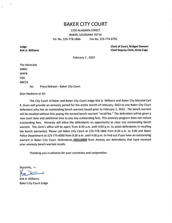 City of Baker Court and Marshal Providing Bench Warrant Amnesty Period During February 2023 ...