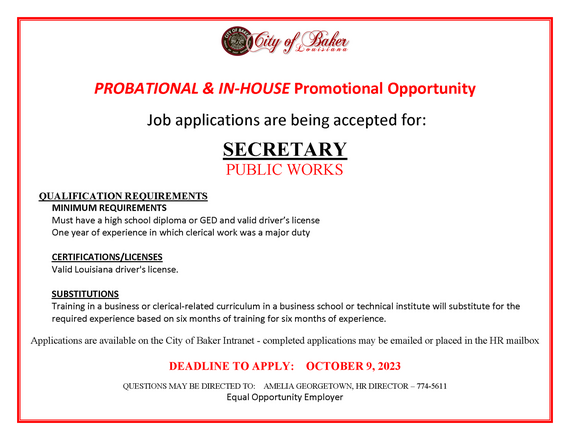 City of Baker Human Resources: Notice of In-House Promotion Opportunity