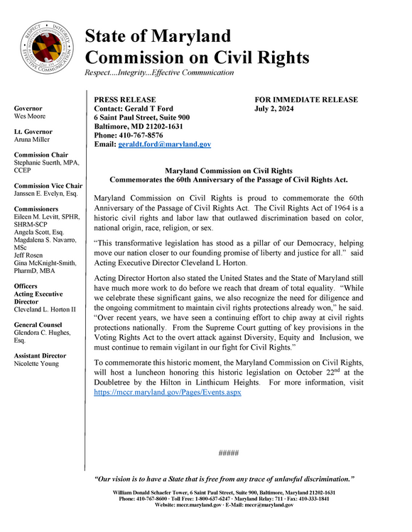 PRESS RELEASE: Maryland Commission on Civil Rights Commemorates the ...