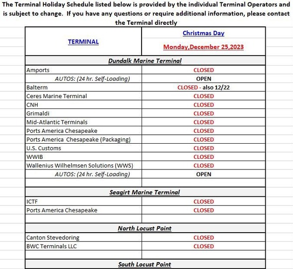 PAC Terminal Holiday Schedule Christmas Day 2023