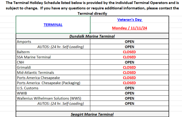 Terminal Holiday Schedule - Veterans' Day