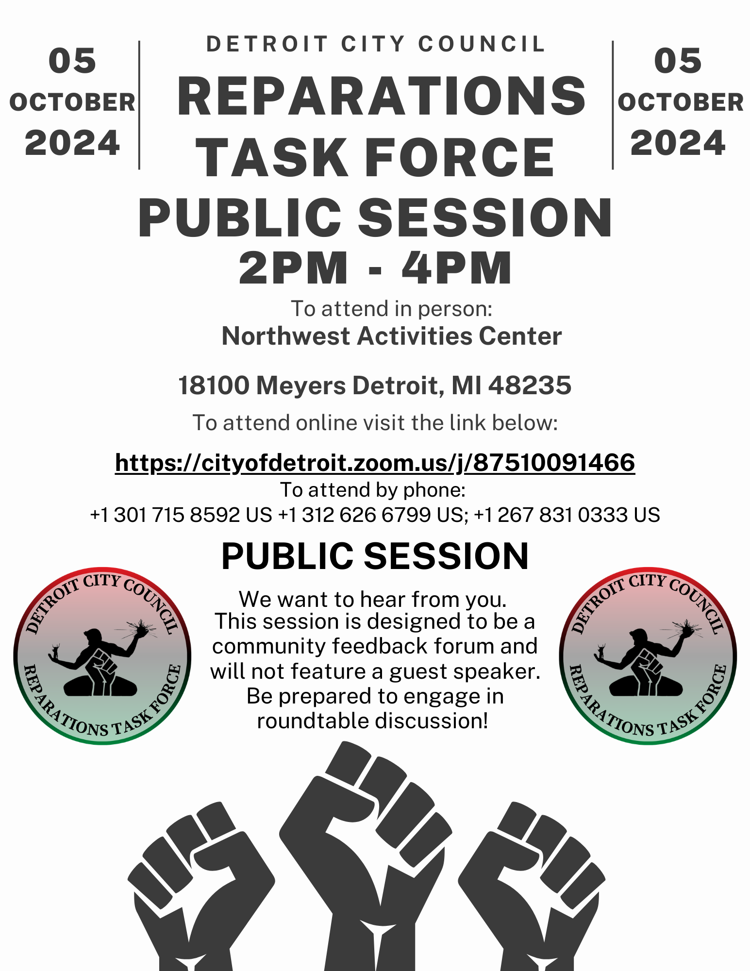 Detroit Reparations Task Force Public Session | Saturday, October 5 at 2 pm