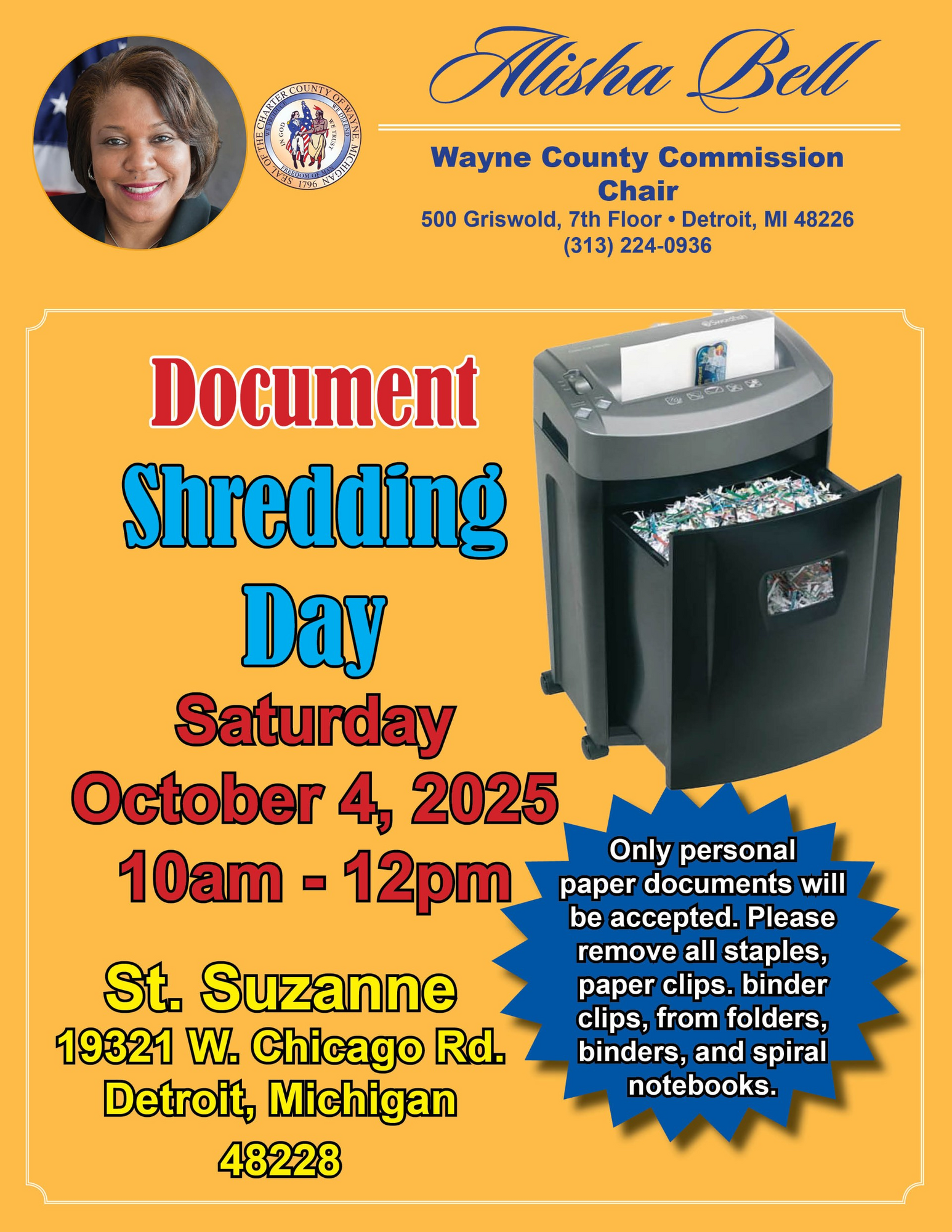 Wayne County Commission Chair Alisha Bell Dist. 7- Shred Event Oct. 4th