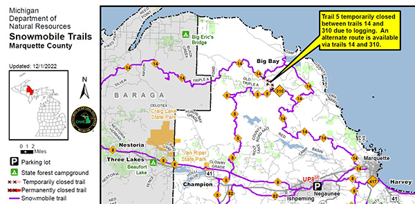 Snowmobile trail section closed temporarily in Marquette County