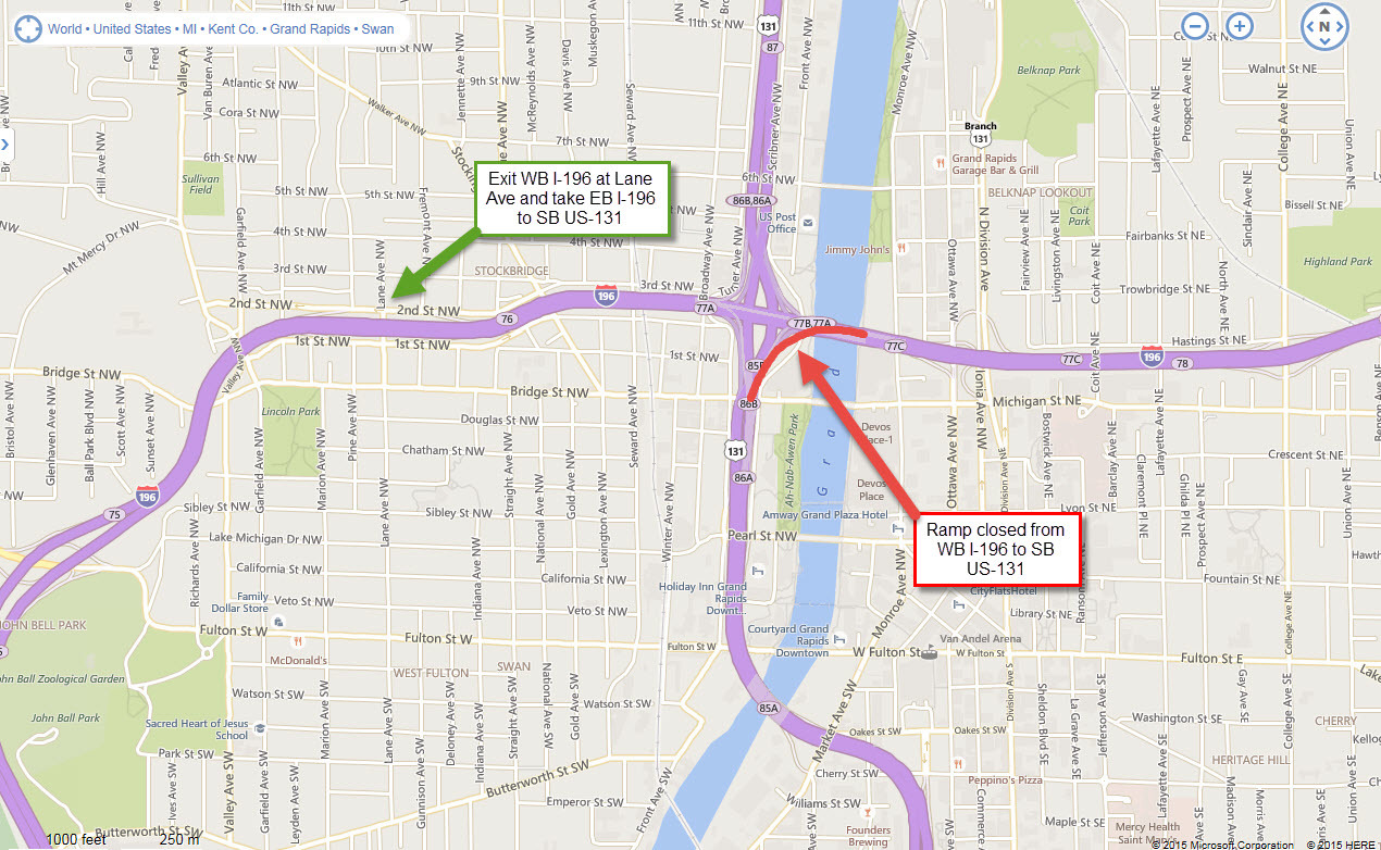 Ramp closure: WB I-196 to SB US-131, Grand Rapids, August 4-6