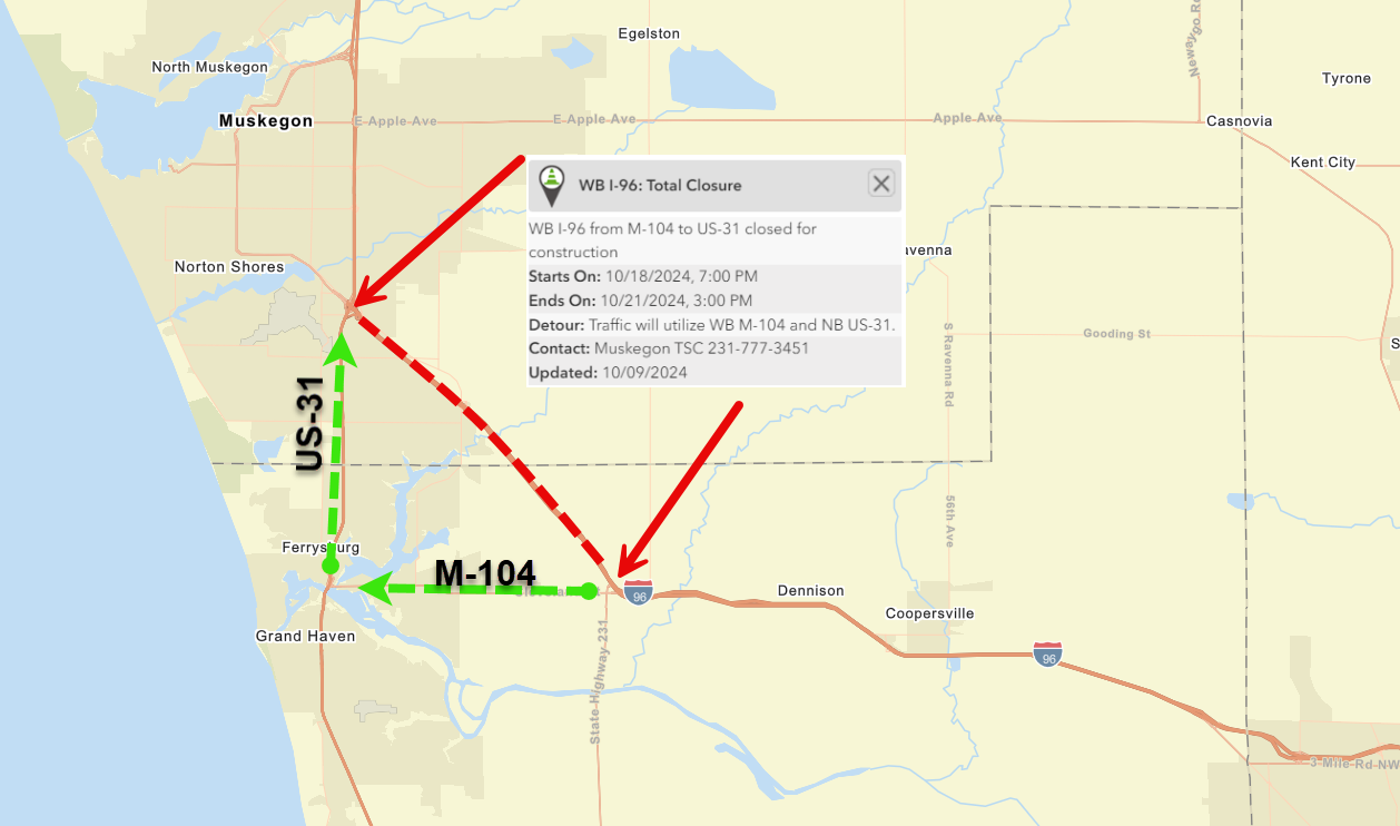 TONIGHT- TOTAL closure: WB I-96, Ottawa & Muskegon counties, October 18-21