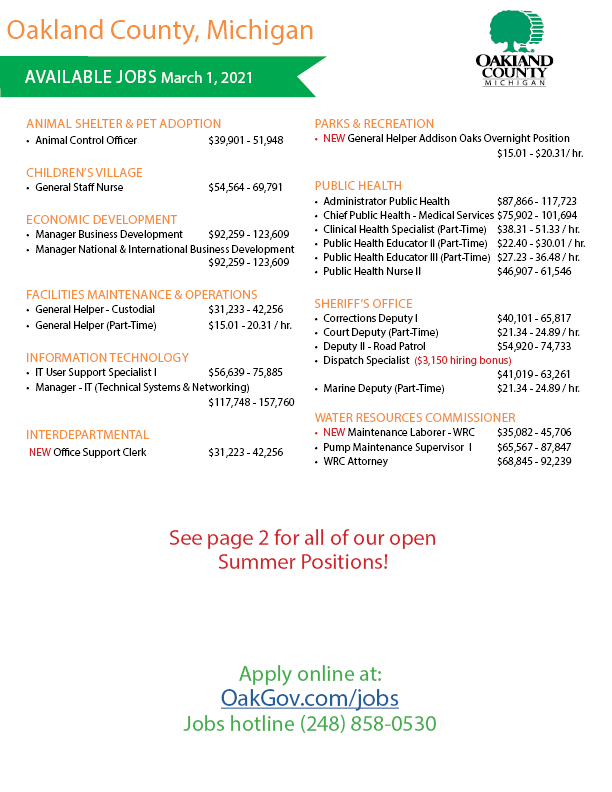 Oakland County Human Resources Weekly Job Postings, March 1, 2021