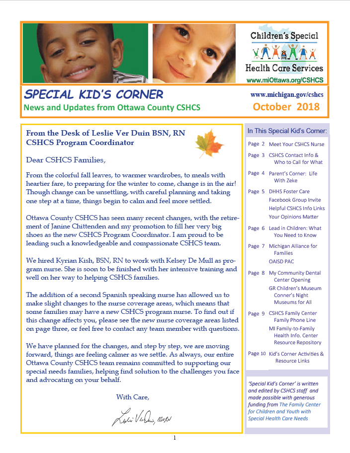 Special Kid's Corner Newsletter - Fall 2018