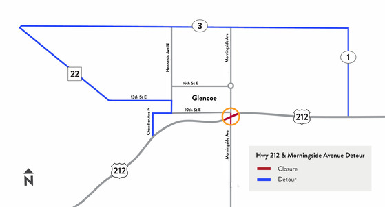 Hwy 212 Glencoe roundabout project and detour start May 6
