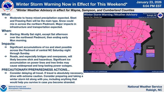 Winter Storm Warning In Effect For Most Of Central NC - January 24, 2026