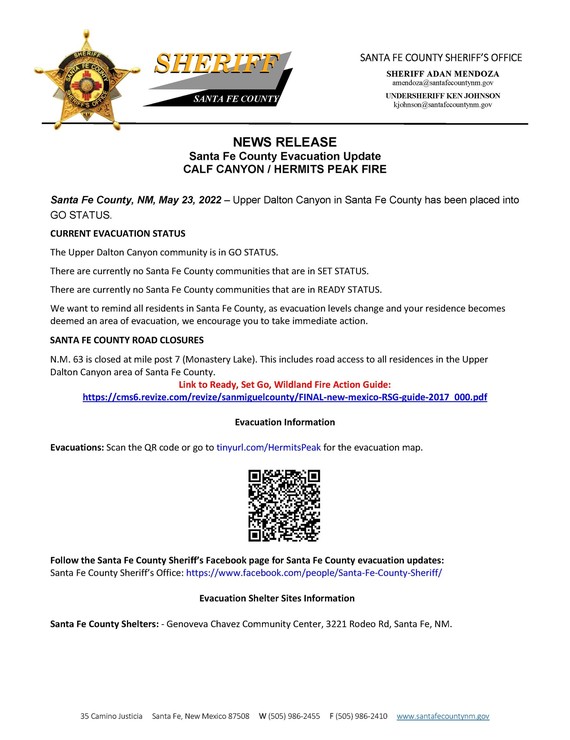 Santa Fe County Evacuation Update CALF CANYON / HERMITS PEAK FIRE
