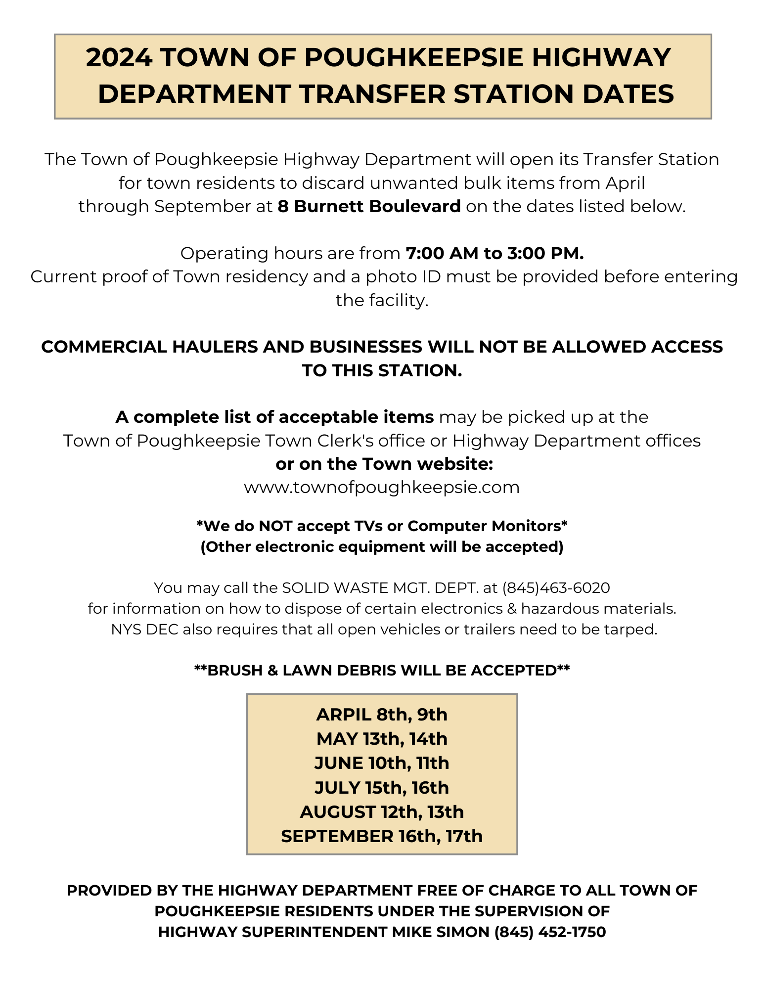 Town of Poughkeepsie Highway Transfer Station Dates 2024