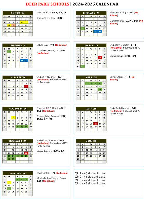 Deer Park Releases 2024-25 & 2025-26 Annual School Calendars